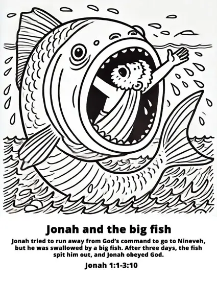 Jonah and the big fish Bible Coloring Page -Free - Coloring With Faith