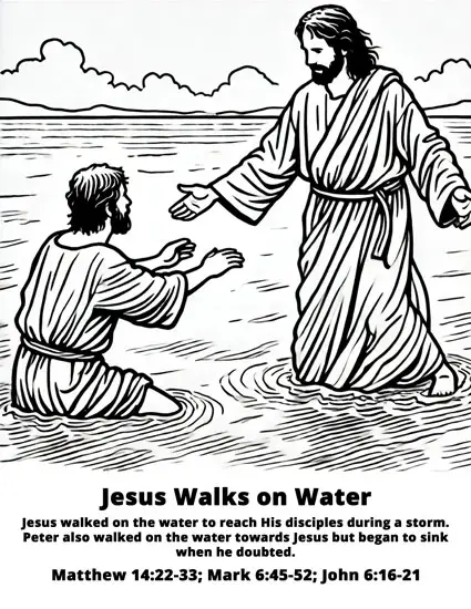 Jesus Walks on Water Bible Coloring Page -Free - Coloring With Faith